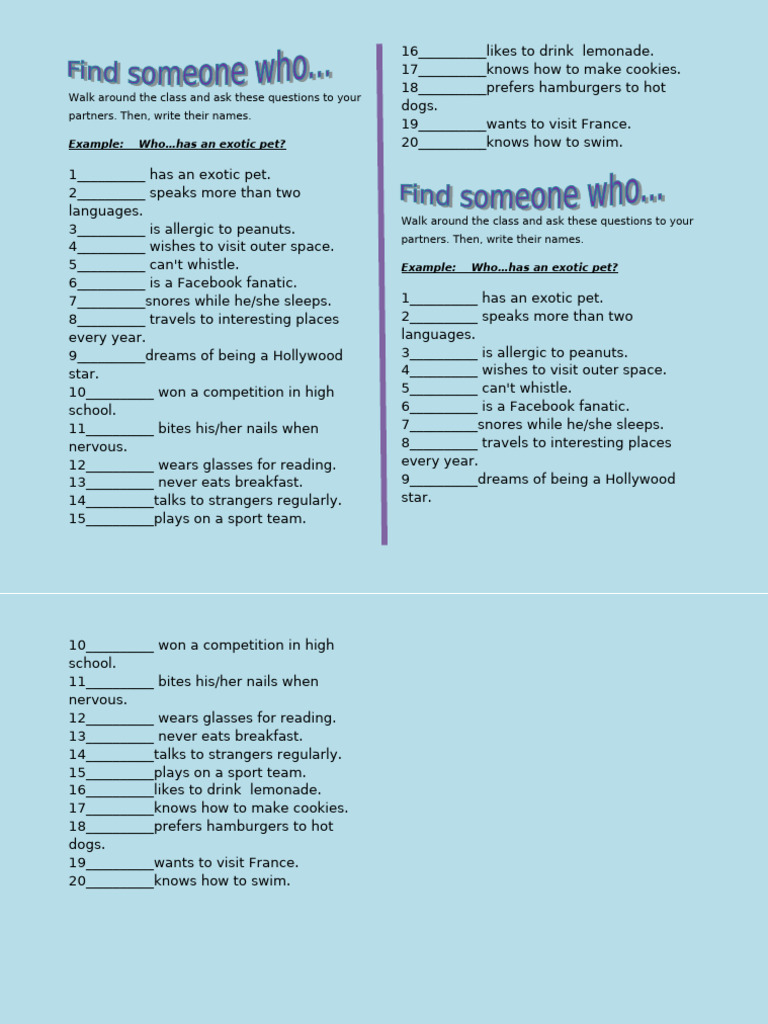 find-someone-who-fun-activities-games-icebreakers_72146 | PDF | Animals ...