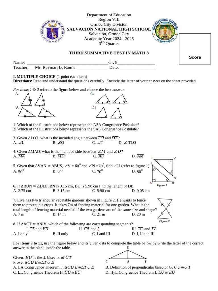 Math 8 Third Summative Test 2024-2025 | PDF | Geometry | Elementary ...