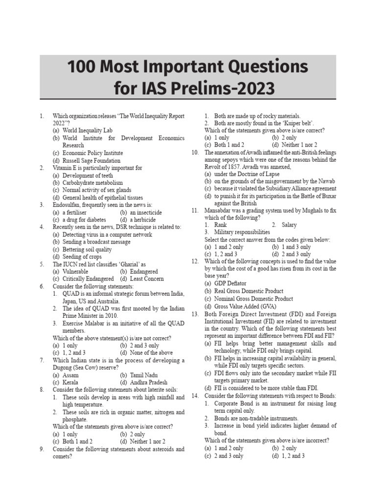 100 Most Important Questions For IAS Prelims 2023 | PDF | Bill (Law) | Veto