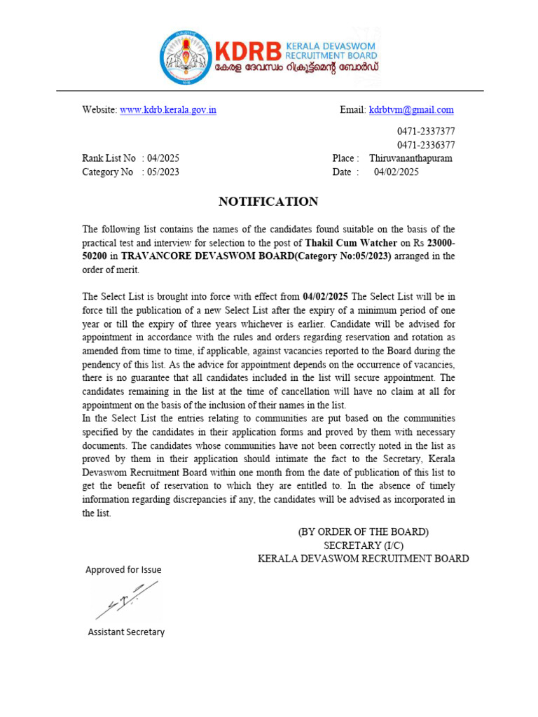 Thakil Cum Watcher TDB Ranked List DTD 04.02.2025 | PDF | Politics Of ...