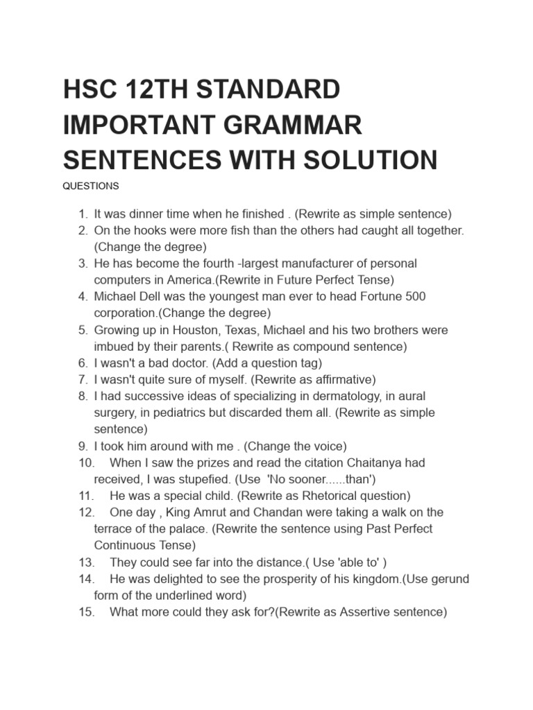 HSC 12th Standard Important Grammar Sentences With Solution | PDF ...