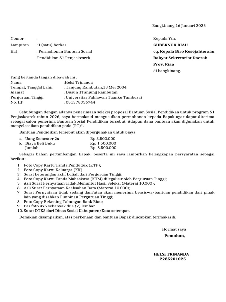 FORMAT SURAT PERMOHONAN BANSOS 2024 | PDF