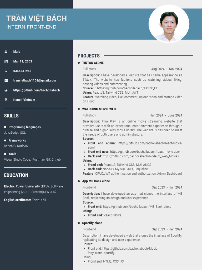 Intern Front End Tran Viet Bach | PDF | World Wide Web | Internet & Web