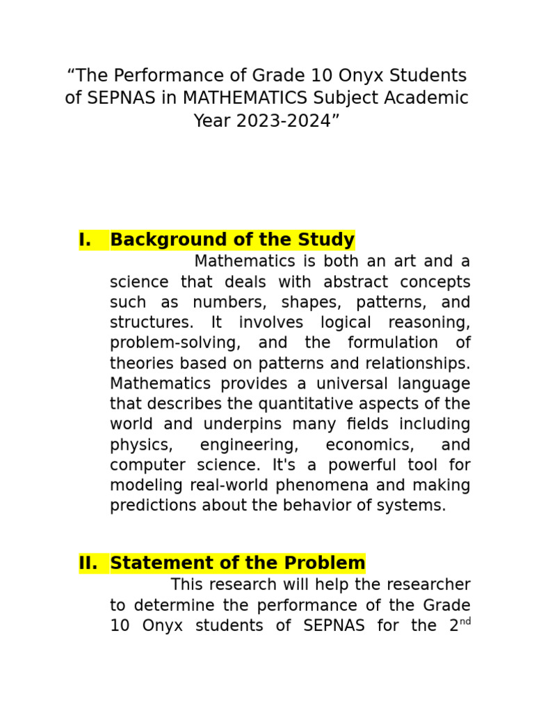 The Performance of Grade 10 Onyx Students of SEPNAS in MATHEMATICS ...