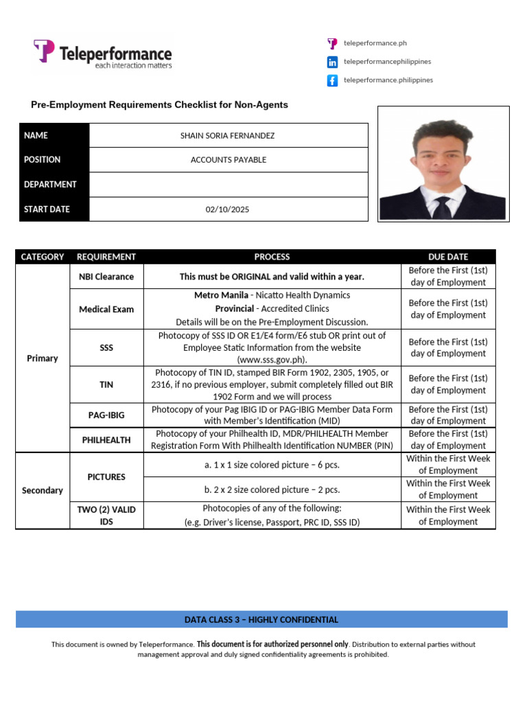 Pre-Employment Requirements Checklist | PDF