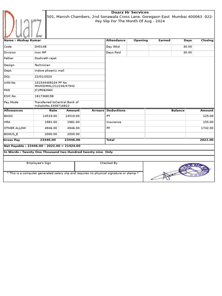Pay Slip Jun24 | PDF