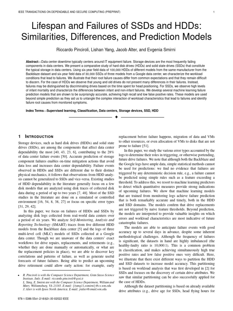 Lifespan and Failures of SSDs and HDDS: Similarities, Differences, and Prediction Models | PDF ...