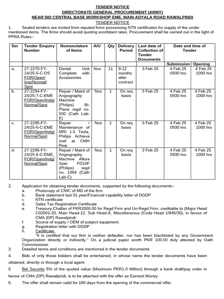 Army Procurement Tender Notice 2025 | PDF