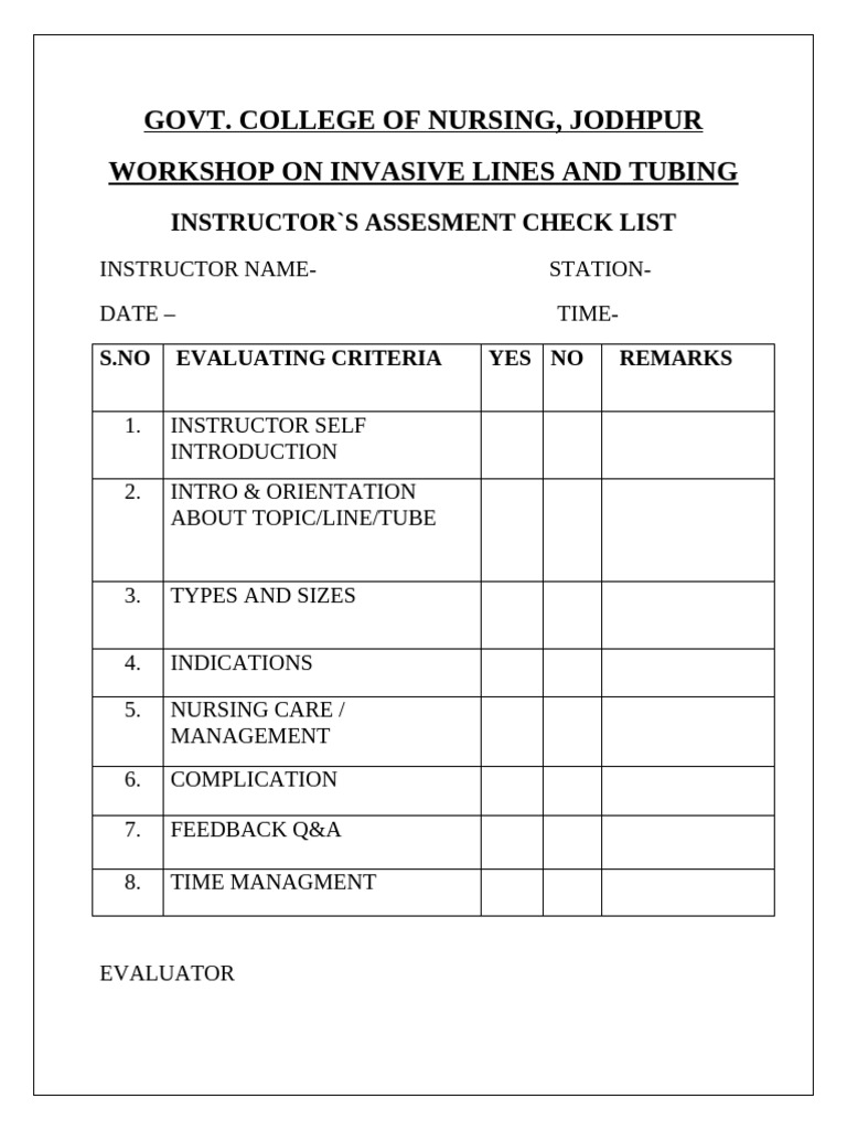 Check List of Workshop on Invasive Lines and Tubing | PDF