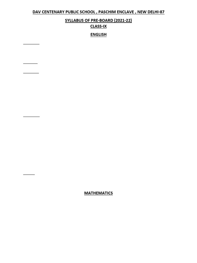 Class IX Pre-Board Syllabus 2021-22 | PDF