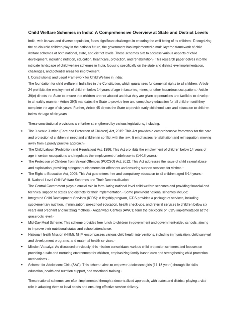 Child Welfare Schemes in India Overview | PDF | Social Exclusion ...