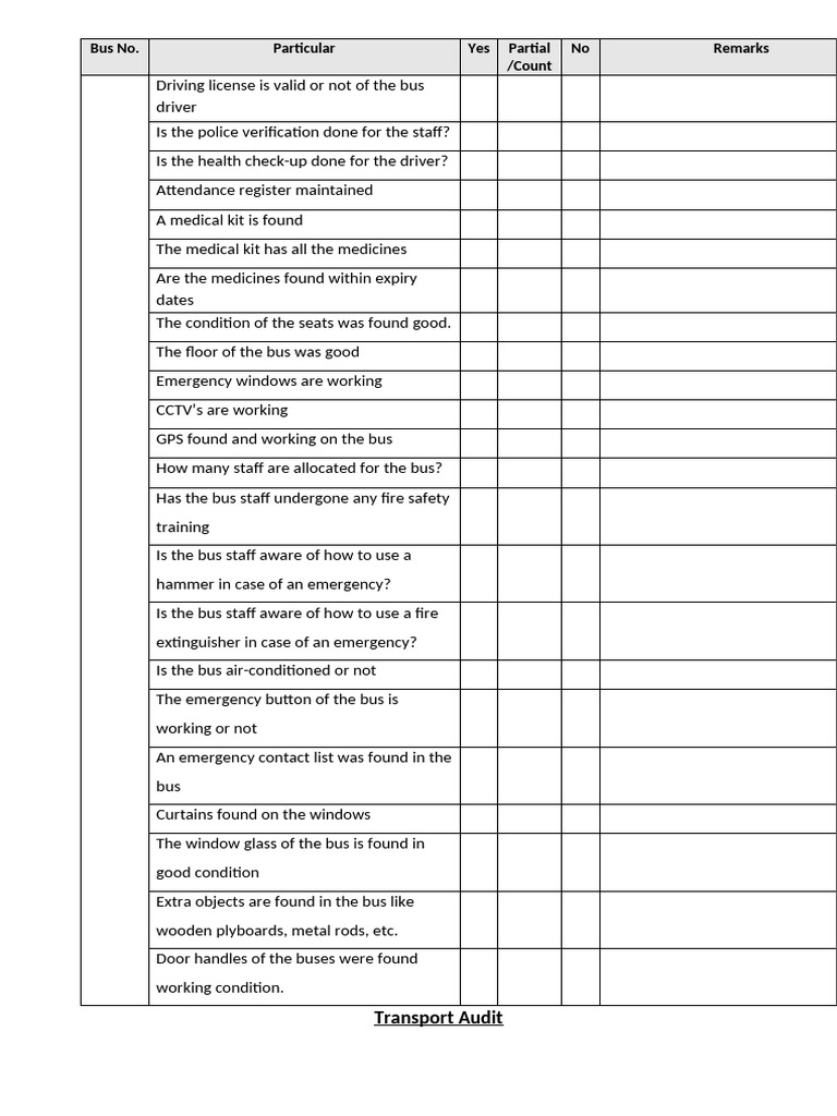 Transport Audit Checklist for Buses | PDF