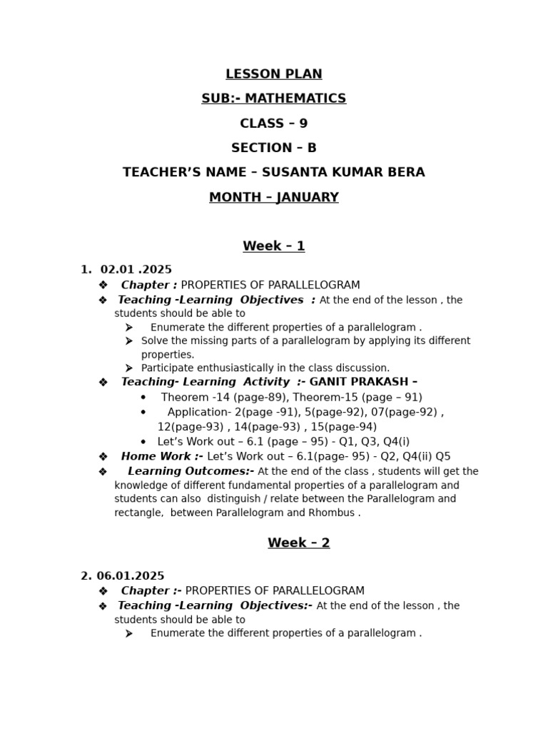 LESSON PLAN OF CLASS 9- PROPERTIES OF PARALLELOGRAM | PDF | Elementary ...