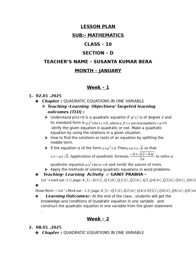 Lesson Plan of Class 10 - Quadratic Equation & Simple Interest | PDF ...