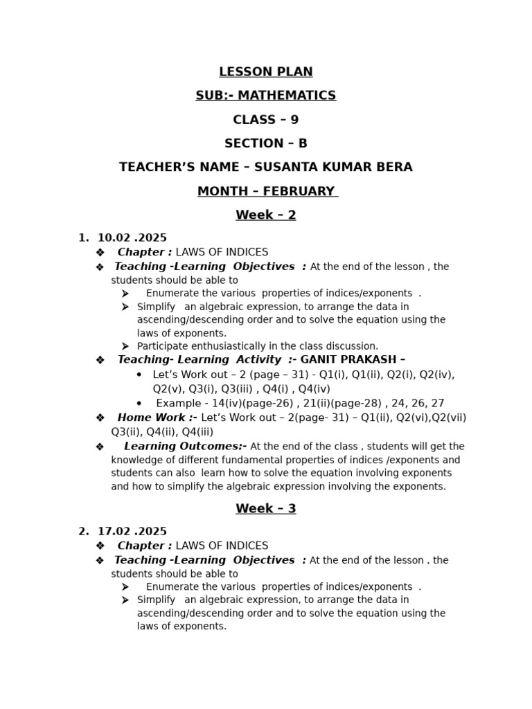 Lesson Plan of Class 9 - Laws of Indices | PDF | Equations ...