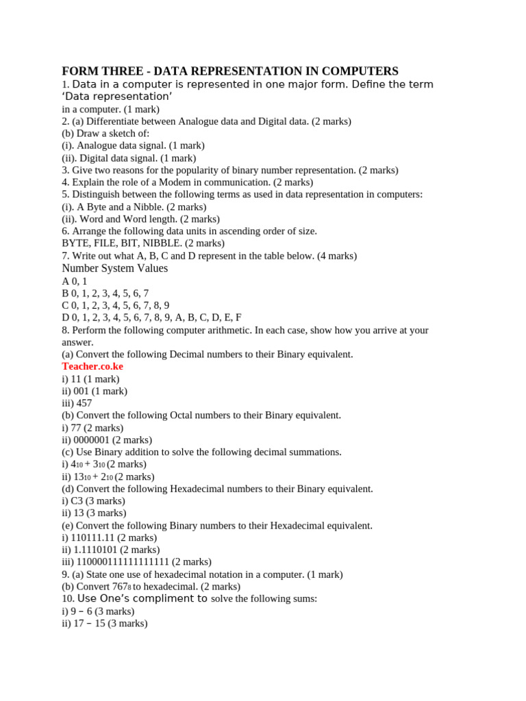 Data Representation Questions | PDF | Binary Coded Decimal | Decimal