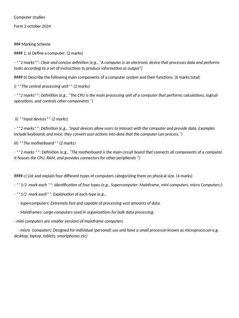 Form 2 October 2024 Computer Exam Marking Scheme | PDF | Central Processing Unit | Databases
