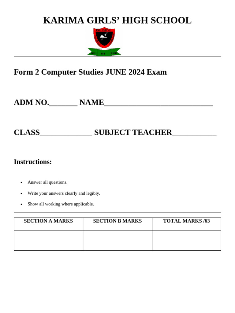 Form 2 June 2024 Computer Exam | PDF | Computer Data Storage | Computer ...