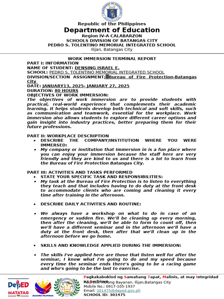 Work Immersion Terminal Report - 114123 | PDF | Learning