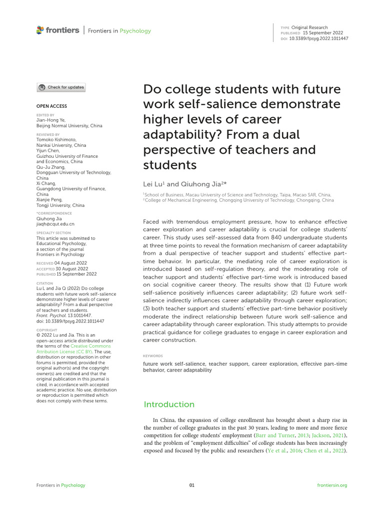 Future Workself On Career Adaptibility | PDF | Psychology | Cognition