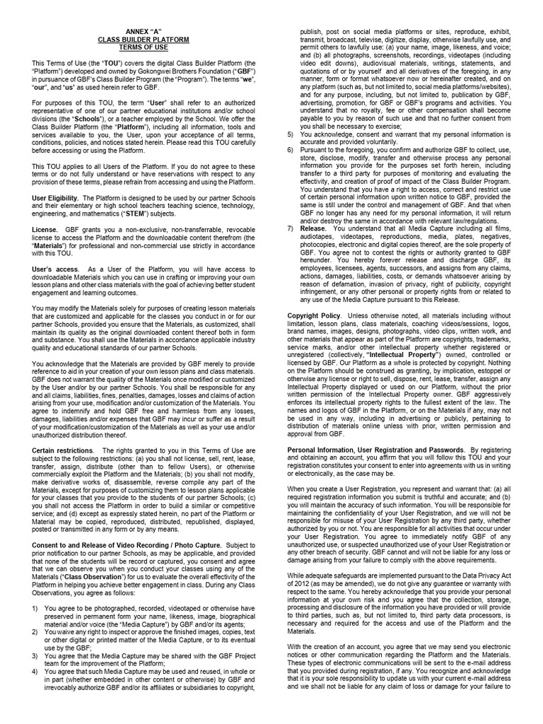 GBF Class Builder - Terms of Use | PDF | Indemnity | Copyright