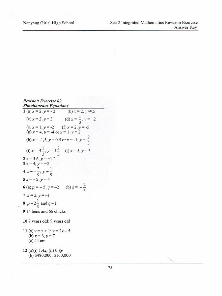 NYGH S2 Math Ex02 Simultanous Equations Answer | PDF