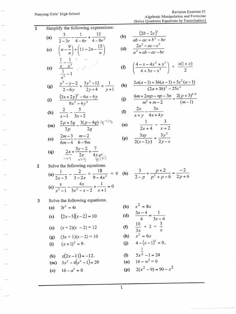 NYGH S2 Math Ex01 Algebraic Manipulation and Formulae | PDF