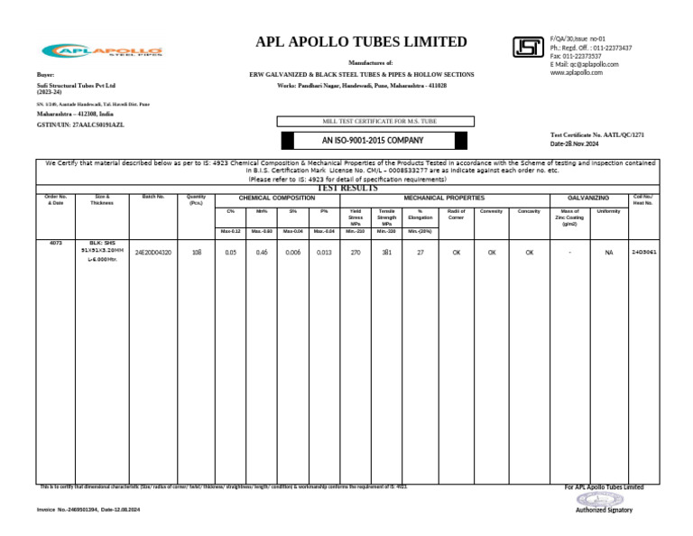 MTC for ISO 9001:2015 Certified Tubes | PDF | Building Materials ...