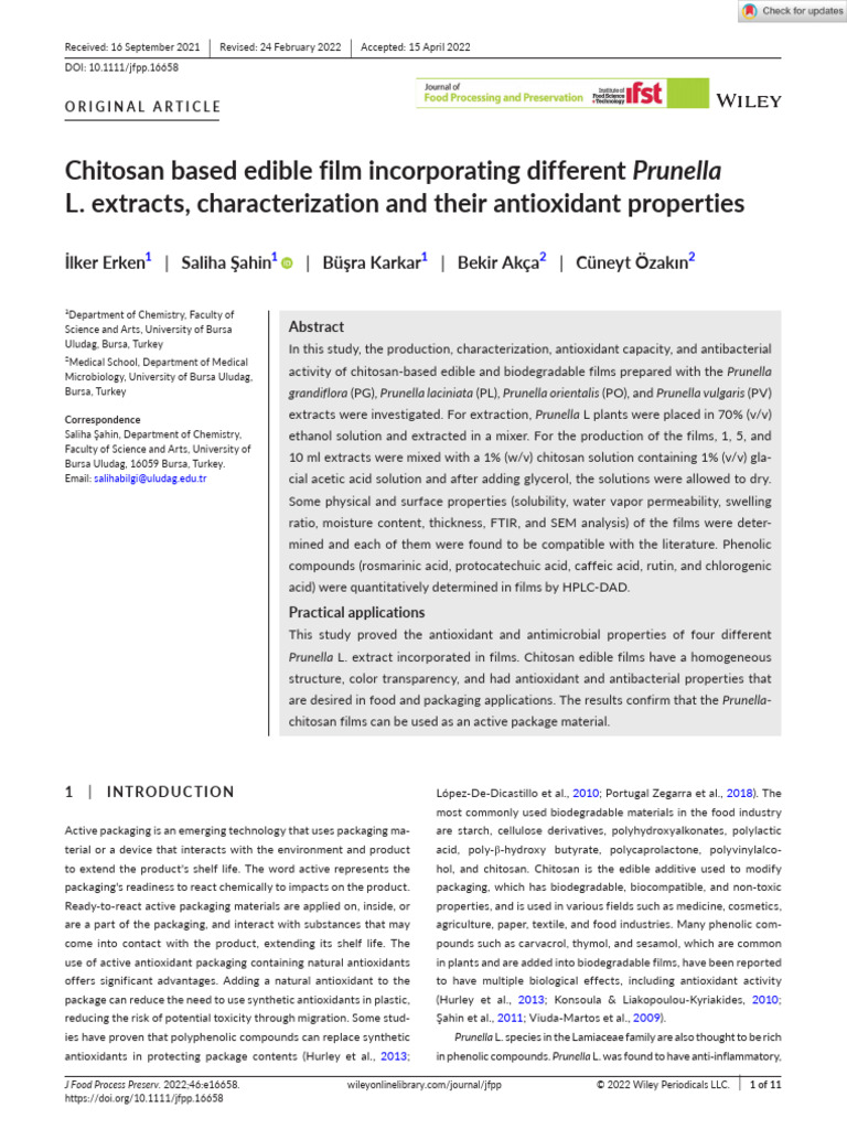 Food Processing Preservation 2022 Erken Chitosan Based Edible Film Incorporating Different ...