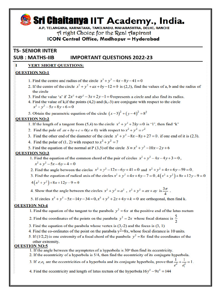 Ts SR Maths Iib Important Questions - 28!02!2023 | PDF | Ellipse | Circle