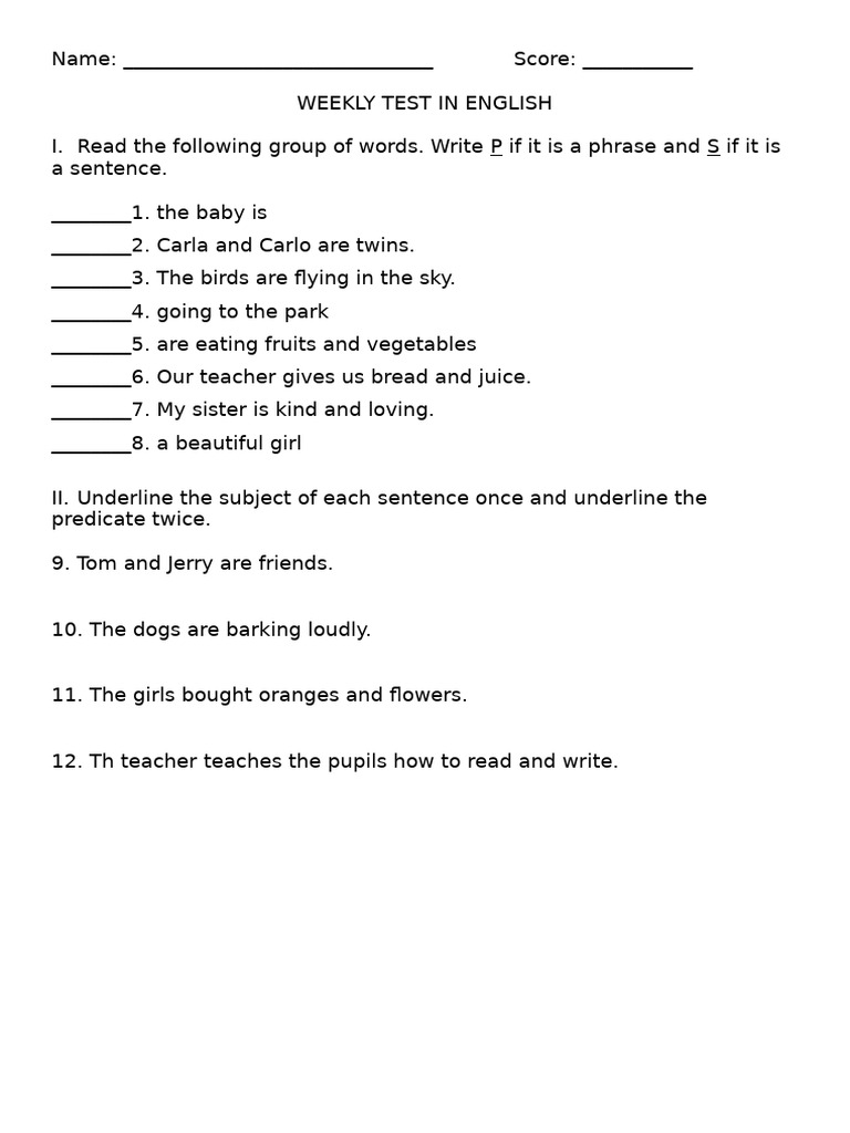 Weekly Test English | PDF