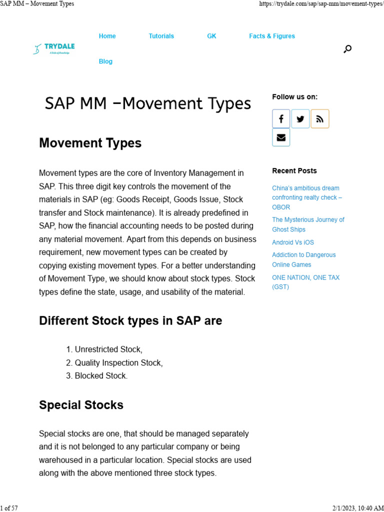 Movement Types in SAP MM | PDF | Goods | Receipt