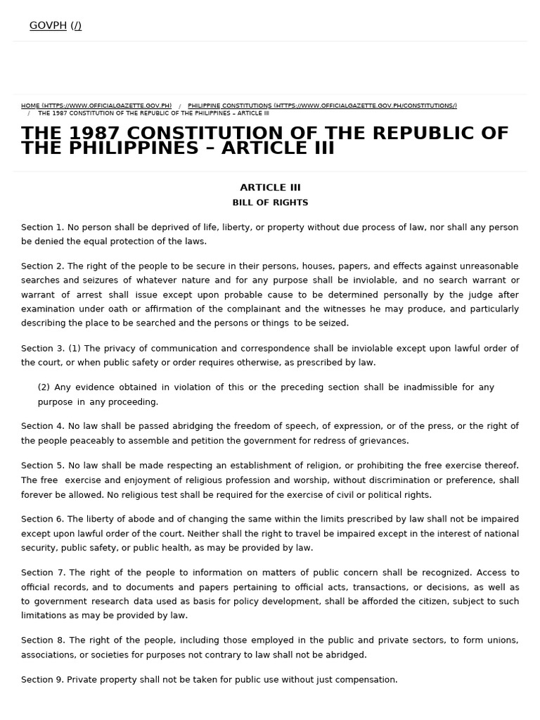 The 1987 Constitution of The Republic of The Philippines - Article III ...