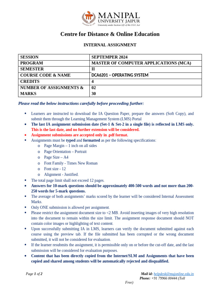 MCA OS Assignment Guidelines | PDF | Learning