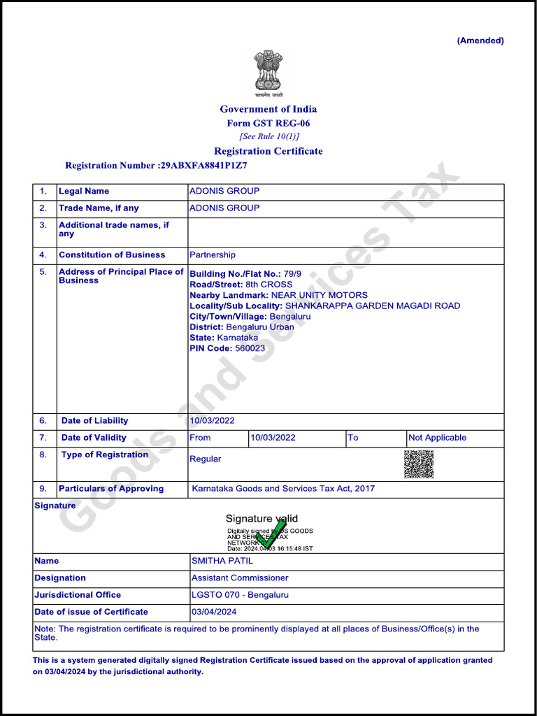 Adonis Group GST Certificate | PDF