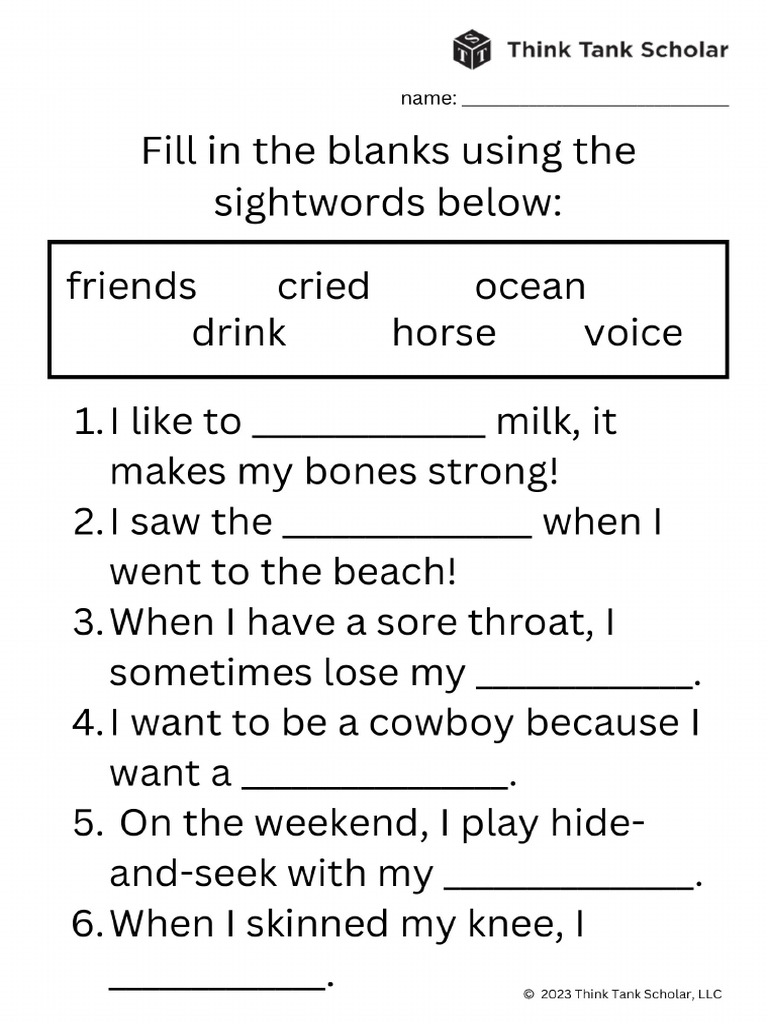 Free Sightword Word Fill in The Blanks Sentence Writing Lesson ...