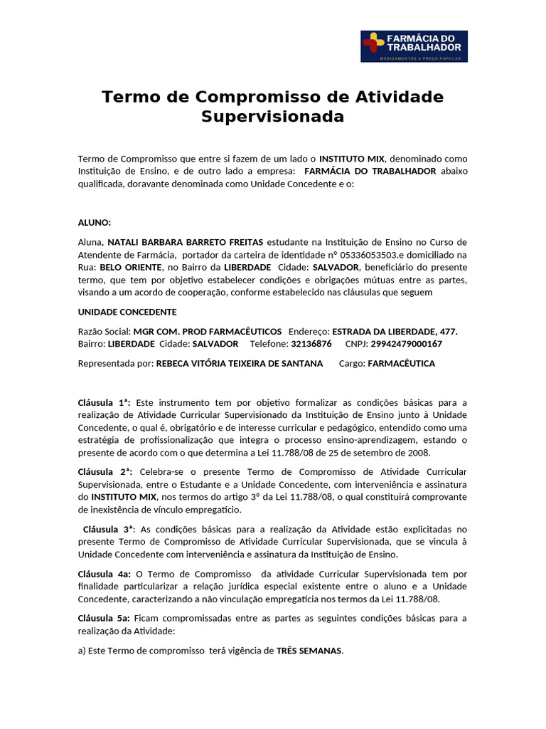 Termo de Compromisso de Estágio Supervisionado | PDF