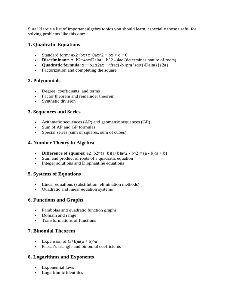 Essential Algebra Topics Overview | PDF