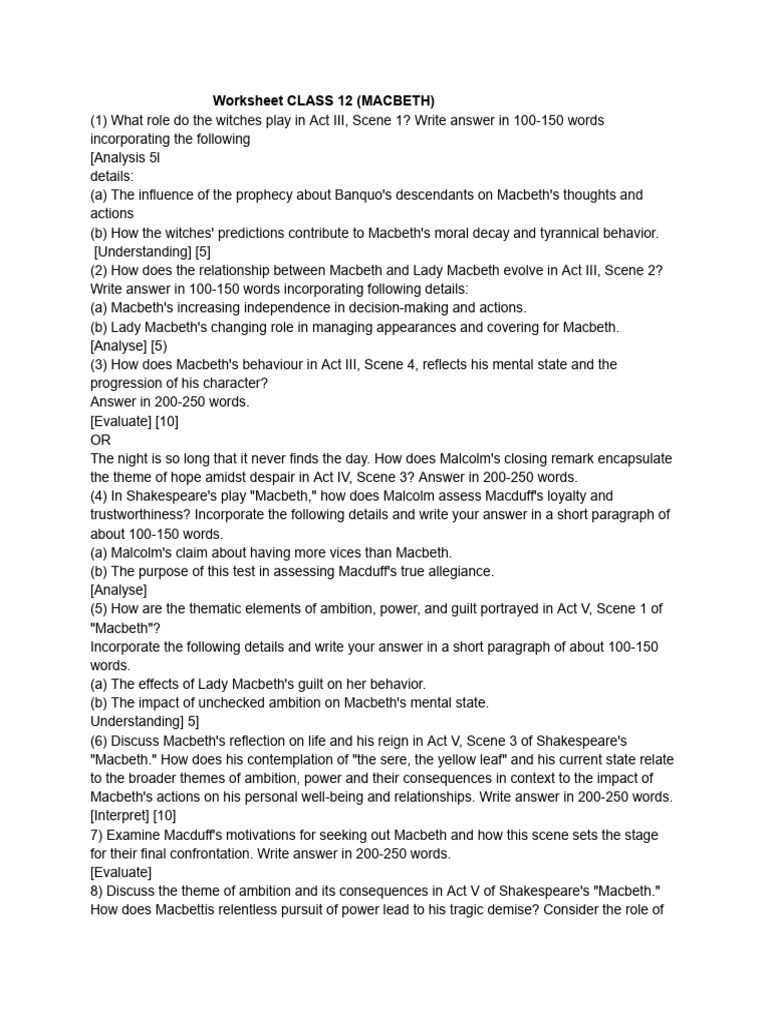 Grade 12 Macbeth Analysis Worksheet | PDF | Macbeth | Shakespearean ...