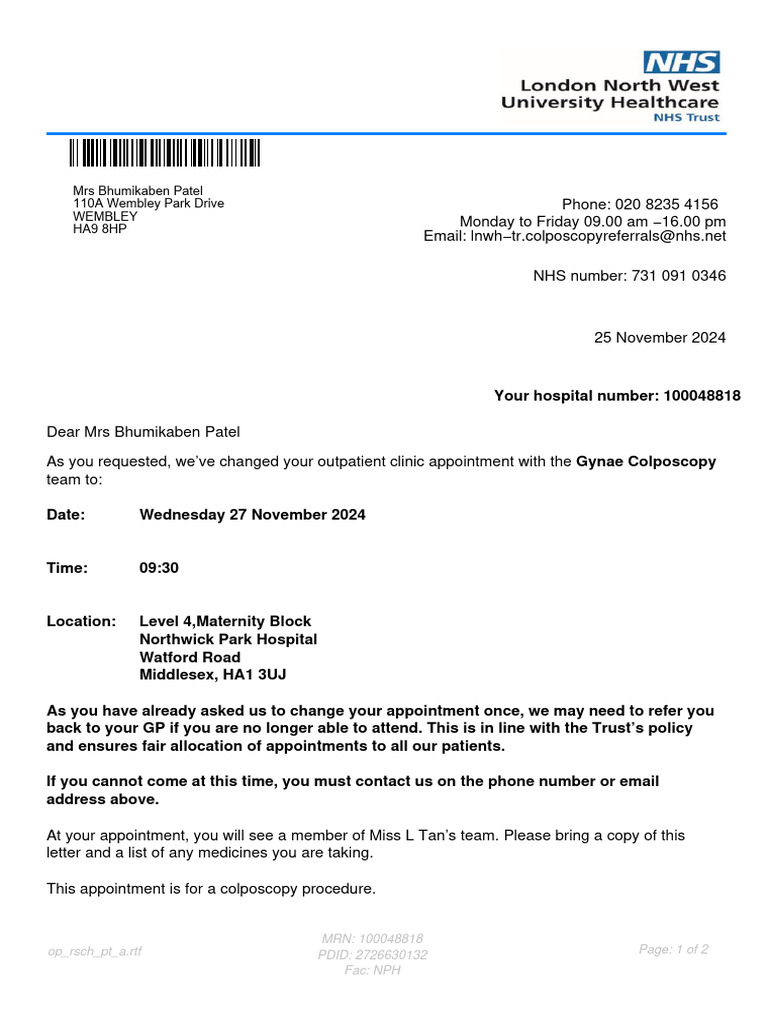 Colposcopy Appointment Confirmation Letter | PDF