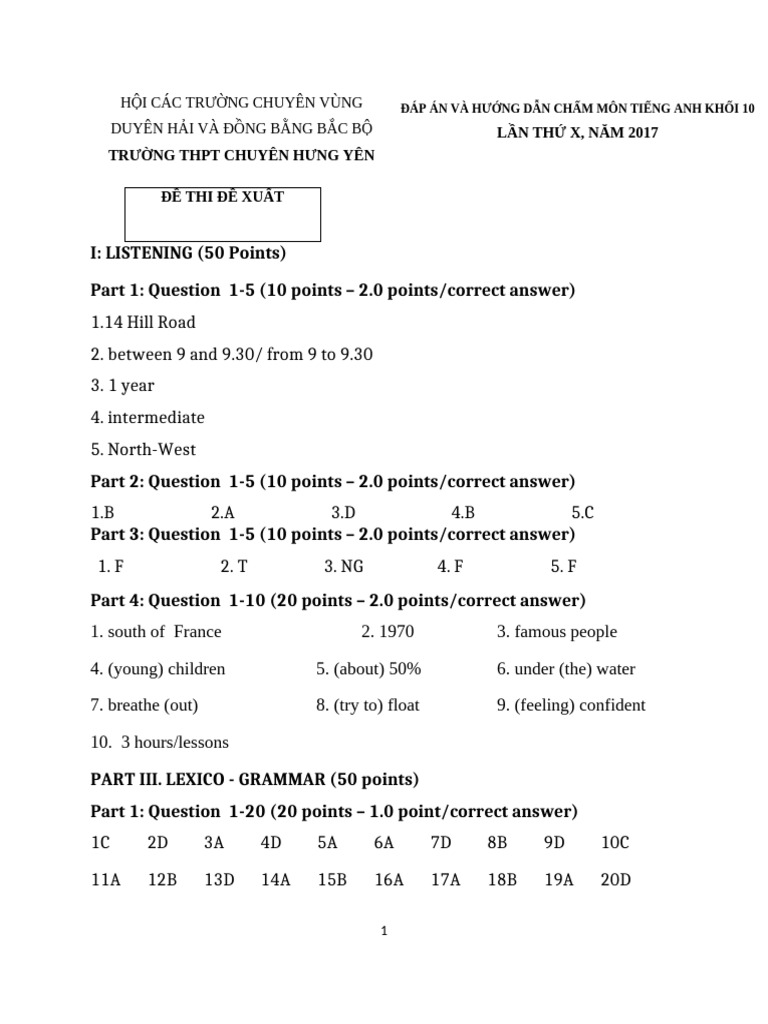 Dap An Cho de de Xuat-Tieng Anh 10-Chuyen Hung Yen | PDF