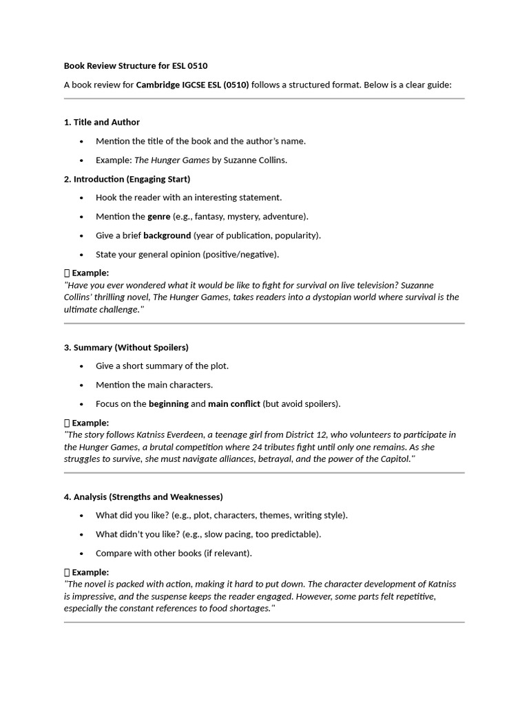 ESL Book Review Structure Guide | PDF | The Hunger Games
