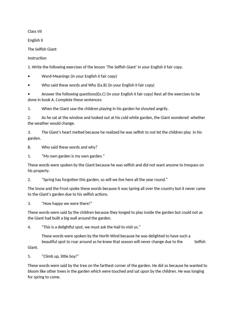 Class VII English II Exercises on "The Selfish Giant" | PDF | Tiger | Brush