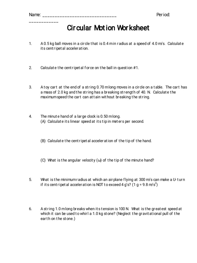 Circular Motion Worksheet | PDF