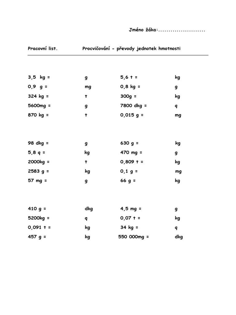 Pracovní List - Převody - Hmotnost | PDF
