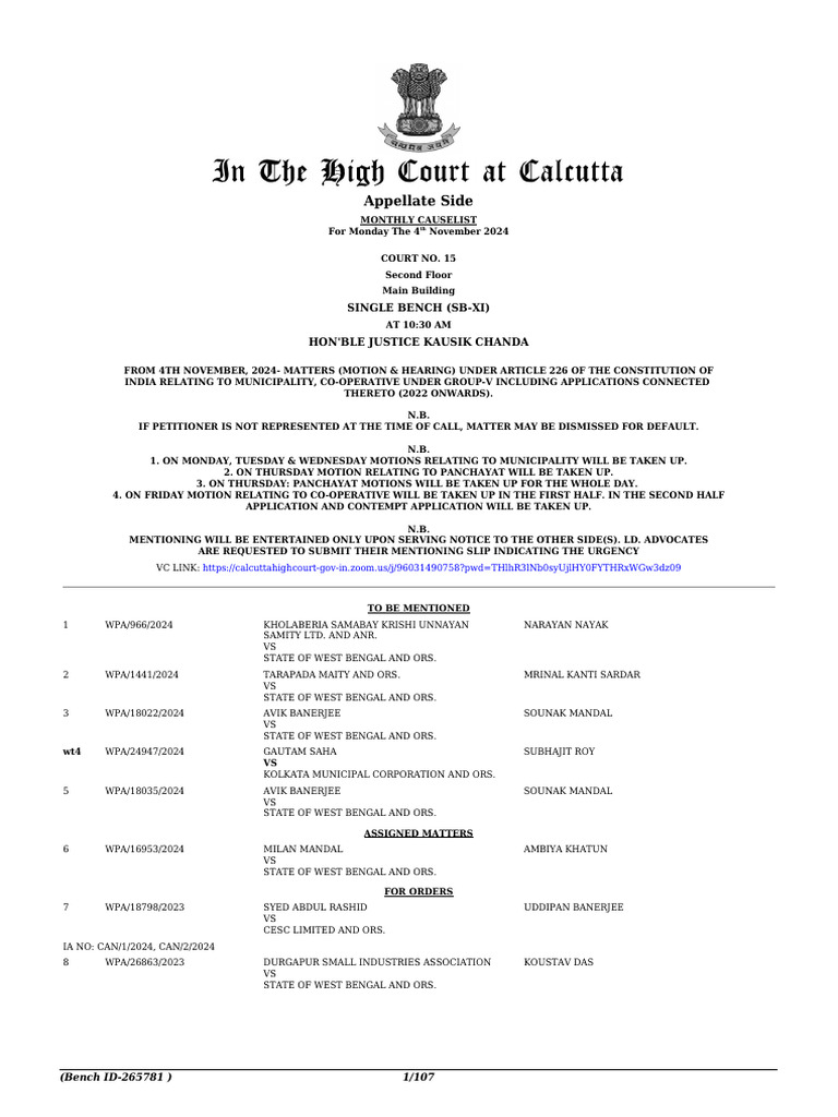 Kolkata High Court Cause List Nov 2024 | PDF | Kolkata | Bengal