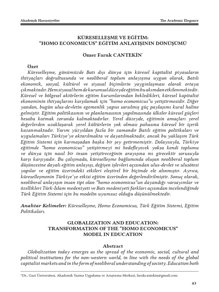 k Reselle Me Ve e t m Homo Economicus e t m Anlayi Inin d n m - Globalization and Education ...