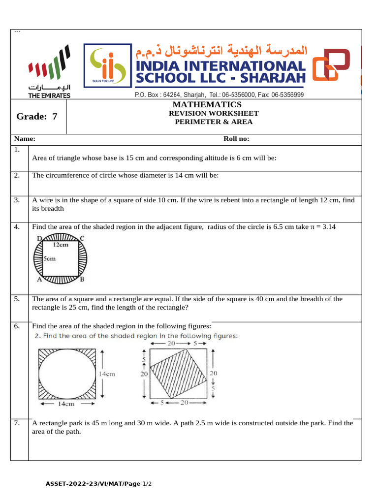 GR7 Worksheet 1 - Perimeter Area | PDF