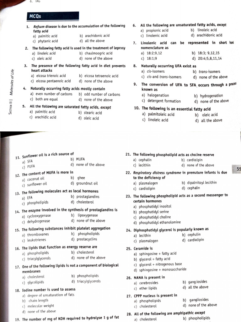 Chemistry of Lipids Mcqs | PDF | Fatty Acid | Phospholipid