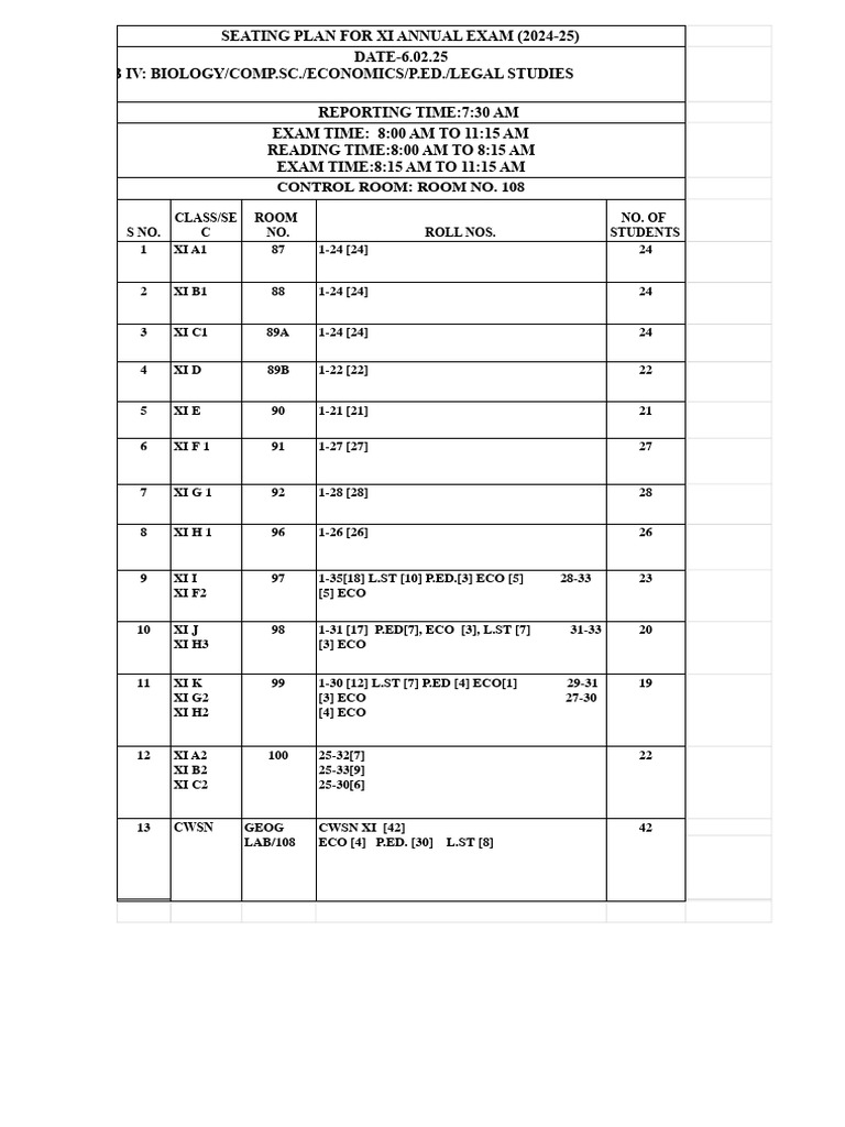 ANNUAL EXAM SEATING PLAN CLASS XI( 2024-25) - Copy of 6.02.25 | PDF ANNUAL EXAM SEATING PLAN CLASS XI( 2024-25) - Copy of 6.02.25 | PDF